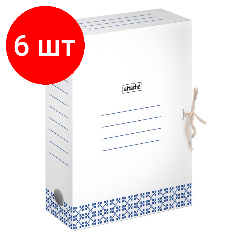 Комплект 6 штук, Короб архивный Attache 75мм на завязках синий с узорами