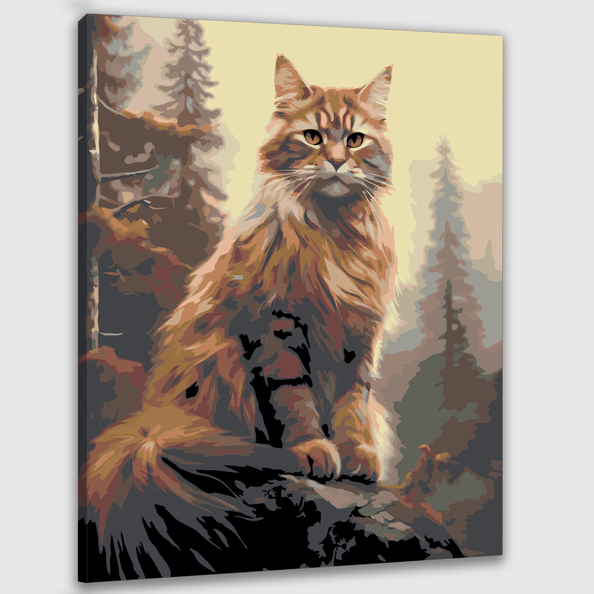 Картина по номерам 40x50 см, кошка, мейн-кун, шерсть, глаза, лес, яркие цвета, детали, нежность, величие, размеры