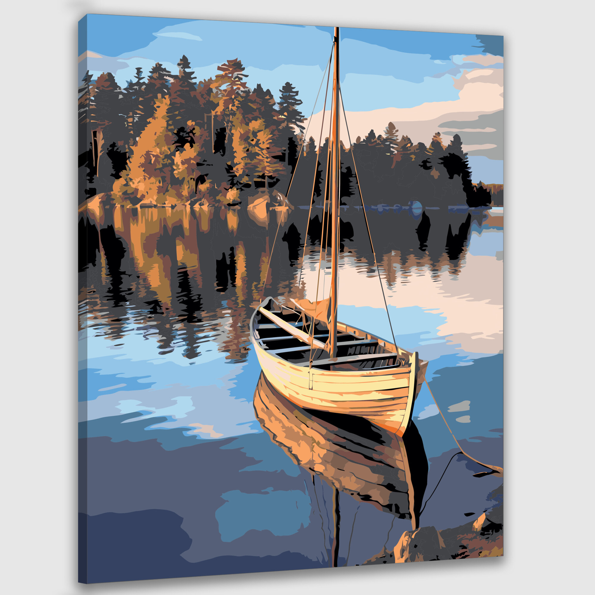 Картина по номерам 40x50 см, фотография, деревянная парусная лодка, спокойные воды, озеро, гладкая форма лодки, утро