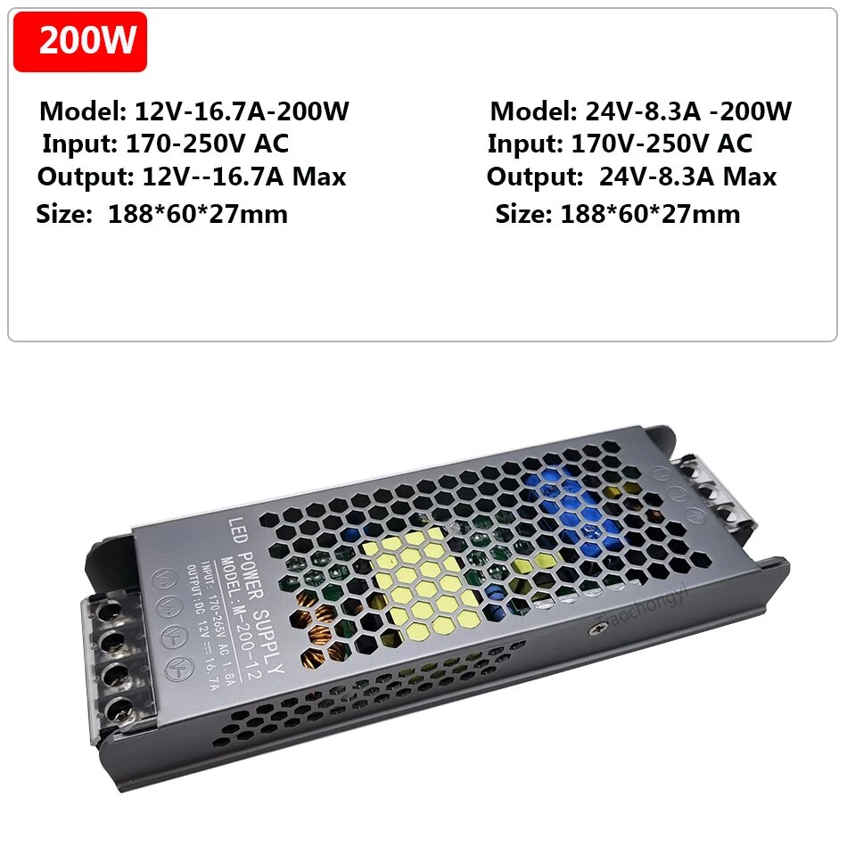 Бесшумные трансформаторы TiaoChongYi для светодиодных лент 12В/24В 60-400Вт 200W, 24V