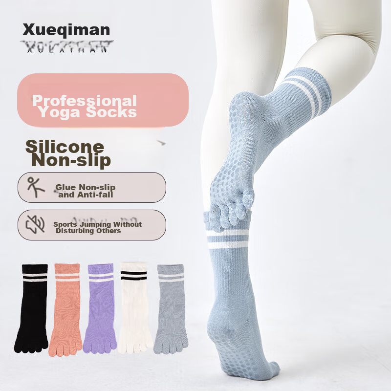 Xueximan Yoga Socks for Women, Professional Non-Slip Mid-Calf Five-Toe Socks, Pilates Socks, Sports Anti-Slip Specialized Fitness Socks