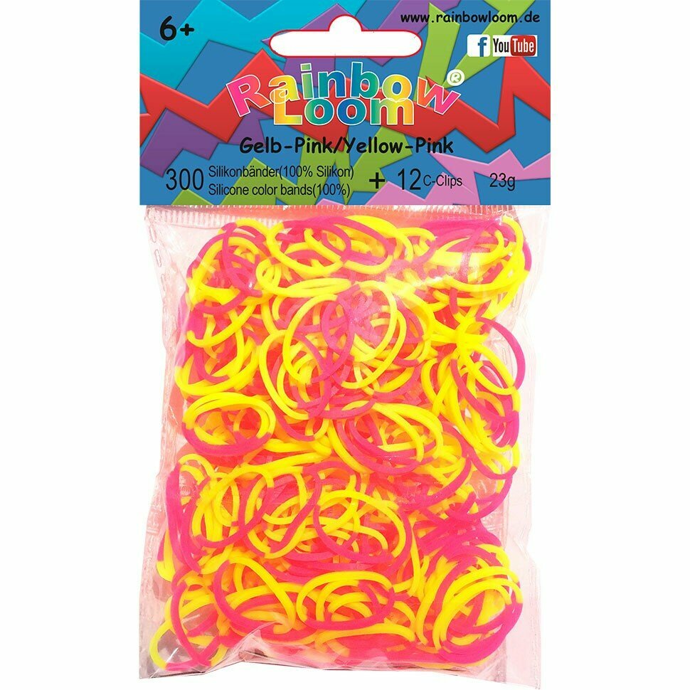 Резинки для плетения браслетов Rainbow Loom Силикон, Неон Розово-Желтый, Yellow/Pink (B0044)