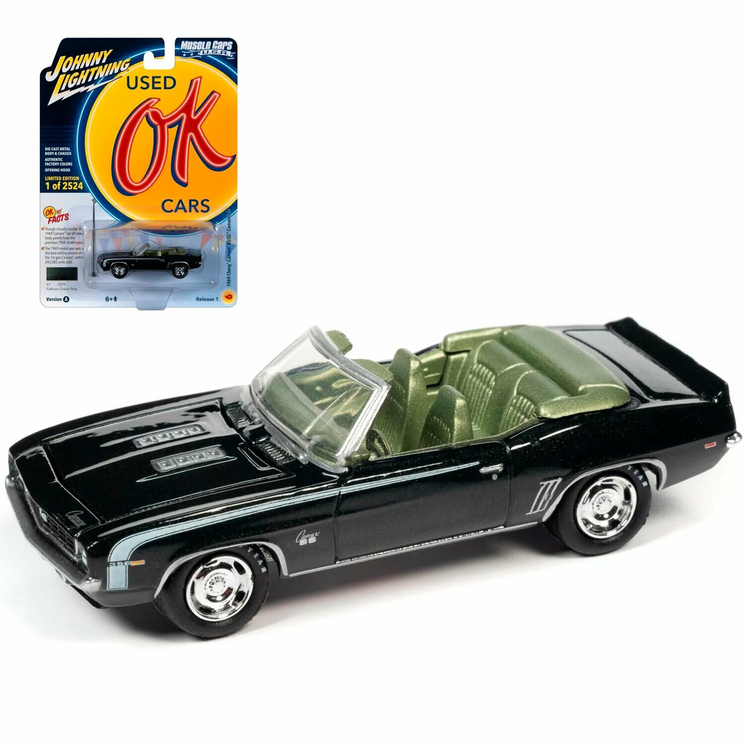Машинка литая коллекционная Johnny Lightning - Die-сast модель 1969 Chevy Camaro RS/SS Convertible, масштаб 1:64, серия Muscle Cars U.S.A, JLMC032A-R1-N6