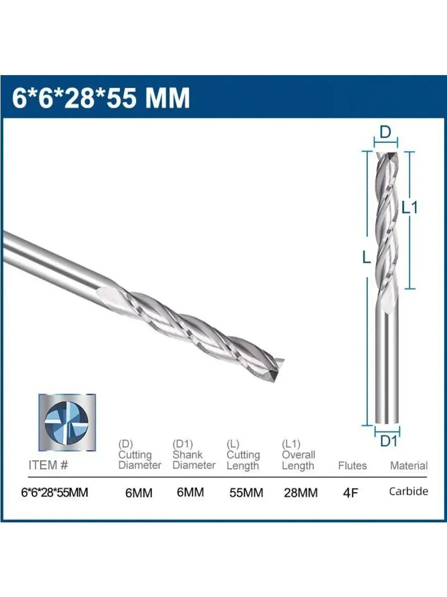 Фреза спиральная трехзаходная по металлу 6х28х55мм