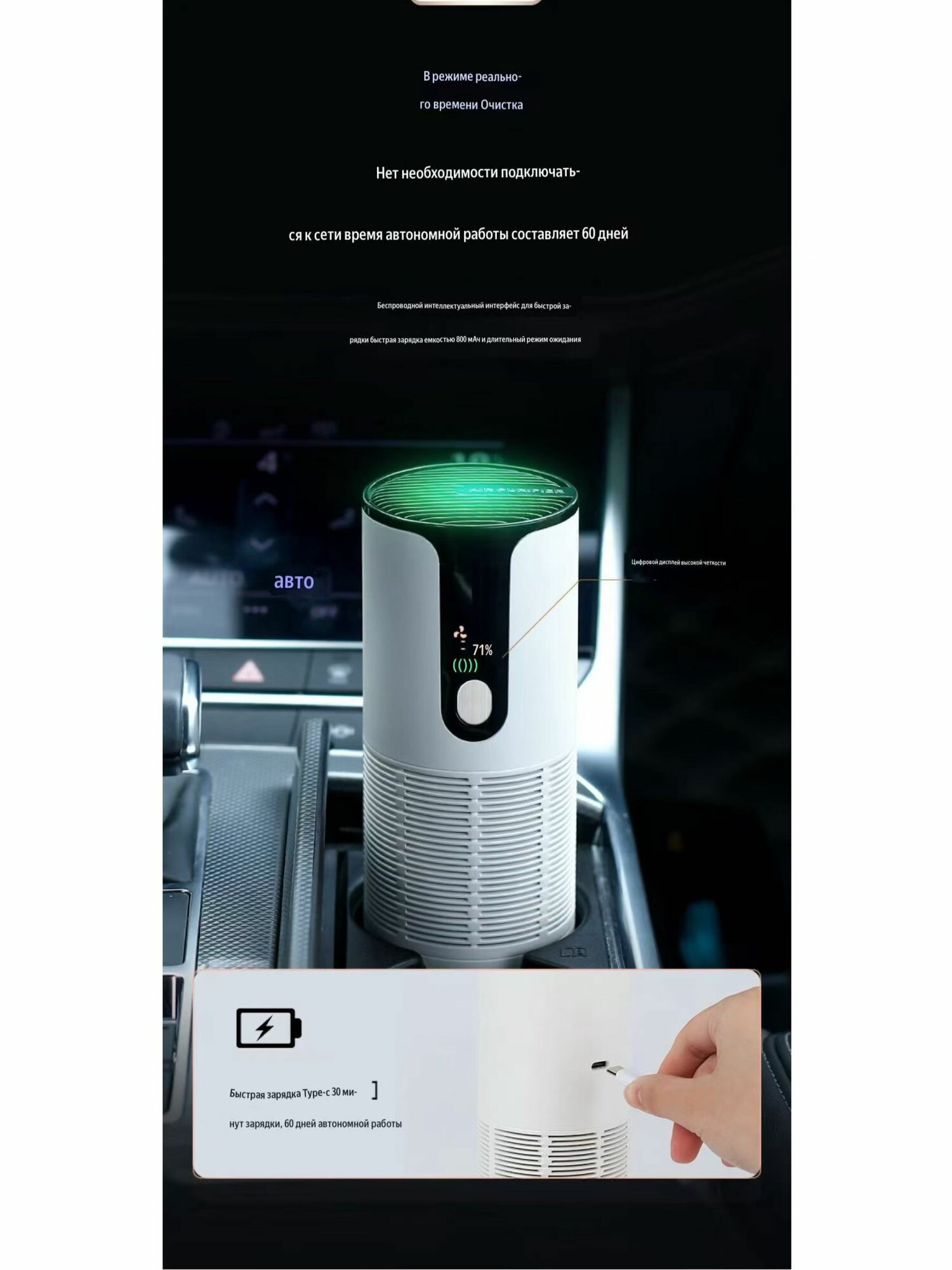 Очиститель воздуха USB, ионизация, антибакт. фильтр, 16 см х 7 см х 7 см