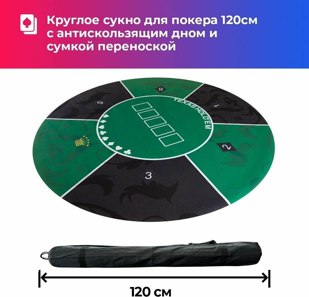 Круглое зеленое сукно универсального размера 120 см диаметром с антискользящим дном для игры в покер и другие карточные игры, свернуто в рулон в водонепроницаемой сумке