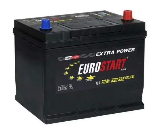 Аккумулятор автомобильный EUROSTART Extra Power Asia 70.0 Ah R+ 550 A (нижний борт) ОП (260x175x225) D26L 260x175x225