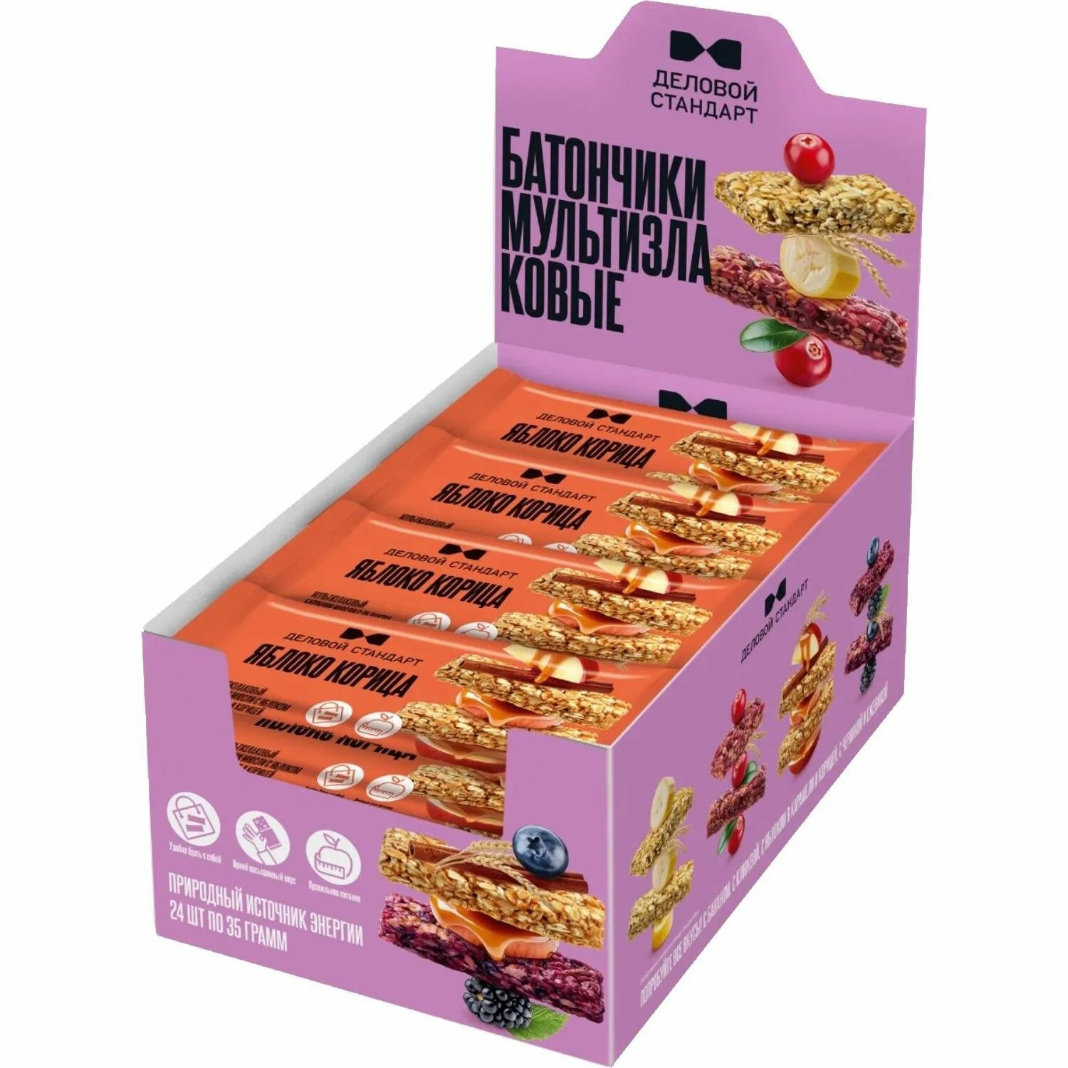 Батончик мюсли мультизлаковый Деловой Стандарт с яблоком в карамели и корице, 35 г, 24 шт./уп.