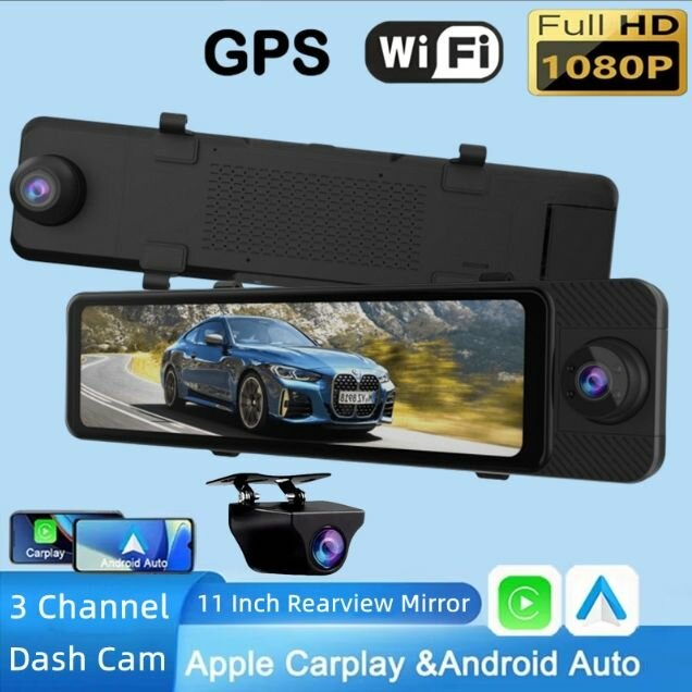 Автомобильный видеорегистратор зеркало, видеорегистратор с камерой заднего вида Wi-Fi GPS