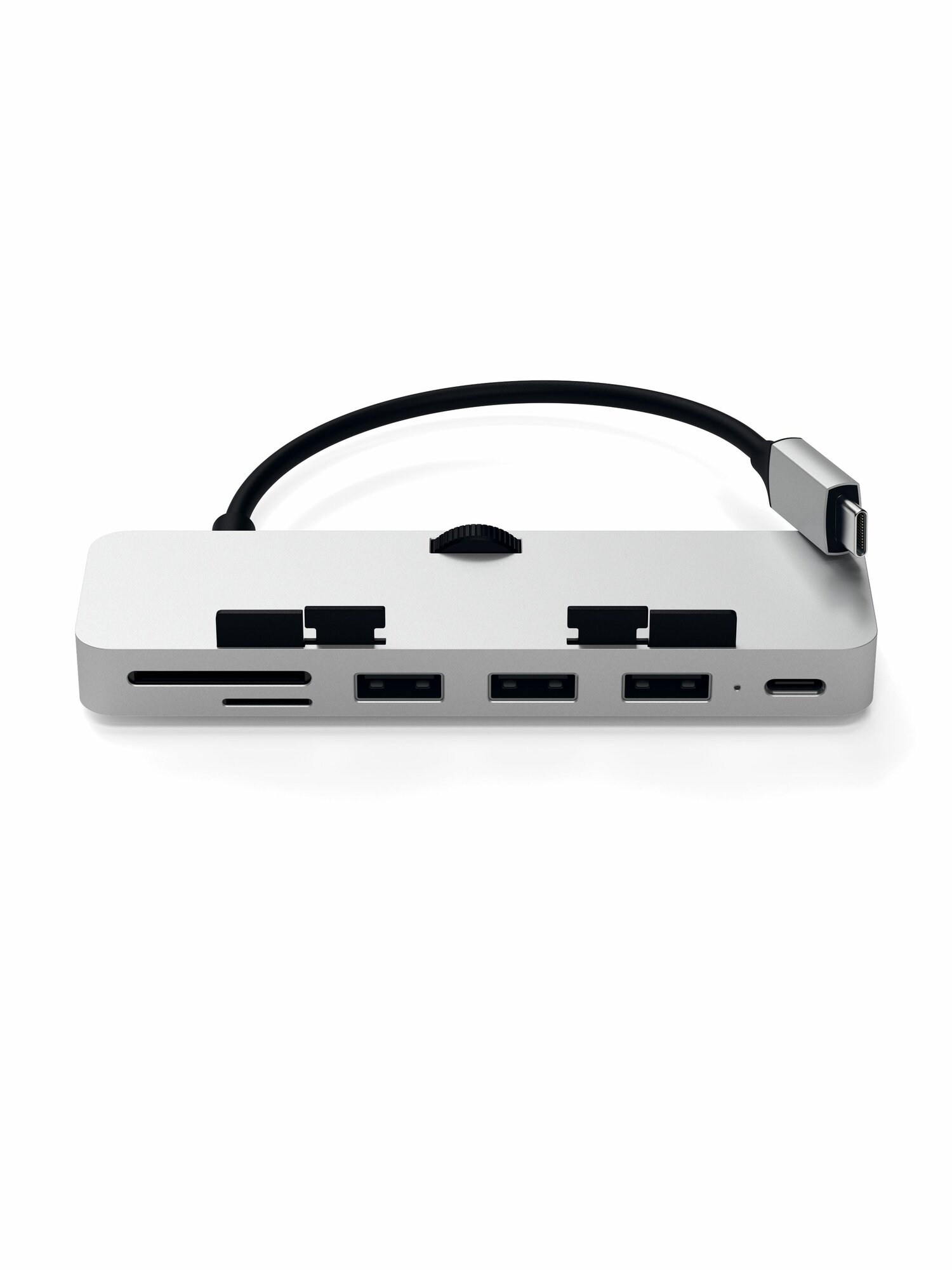 USB-концентратор Satechi Aluminum Type-C Clamp Hub Pro для new 2017 iMac и iMac Pro. Интерфейс USB-C. 3 разъема USB 3.0, 1 разъем USB-C, слоты для карты памяти SD, Micro SD. Цвет серебряный.