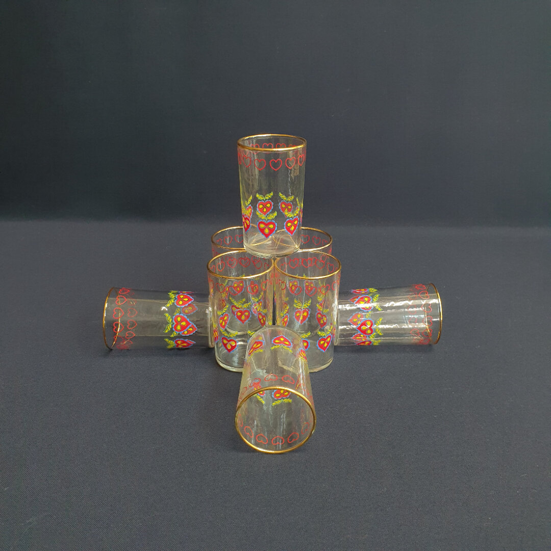 Набор стопок 8 шт. высотой 10 см, стекло, деколь, позолота, 150 мл. Винтаж, СССР.