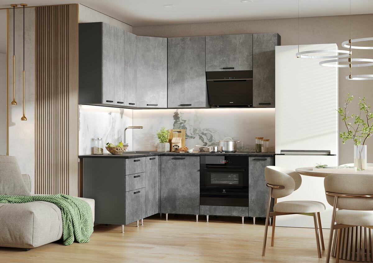 Кухонный гарнитур 1,6х2,0м/900 (к.2) Рио NEW бетон светлый/бетон темный, графит со столешницей, МИФ