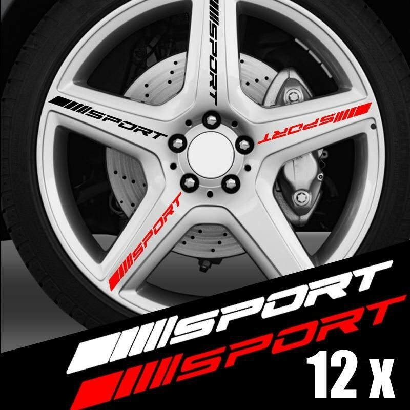 Наклейки на обода колес автомобиля SPORT — комплект 12 шт, 3 цвета, декоративные полосы для дисков и тюнинга авто