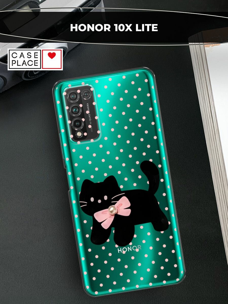 Чехол на Honor 10X Lite / Хонор 10X Лайт с принтом Черный котик с бантом, прозрачный