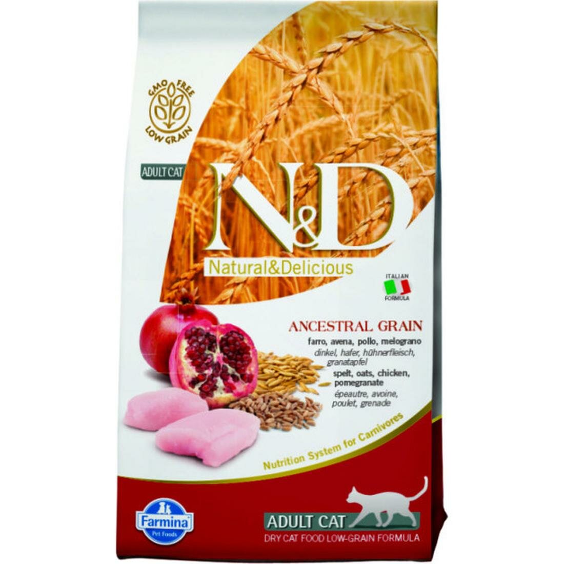 Корм Farmina "ND LowGrain", для взрослых кошек, курица, гранат, спельта и овес