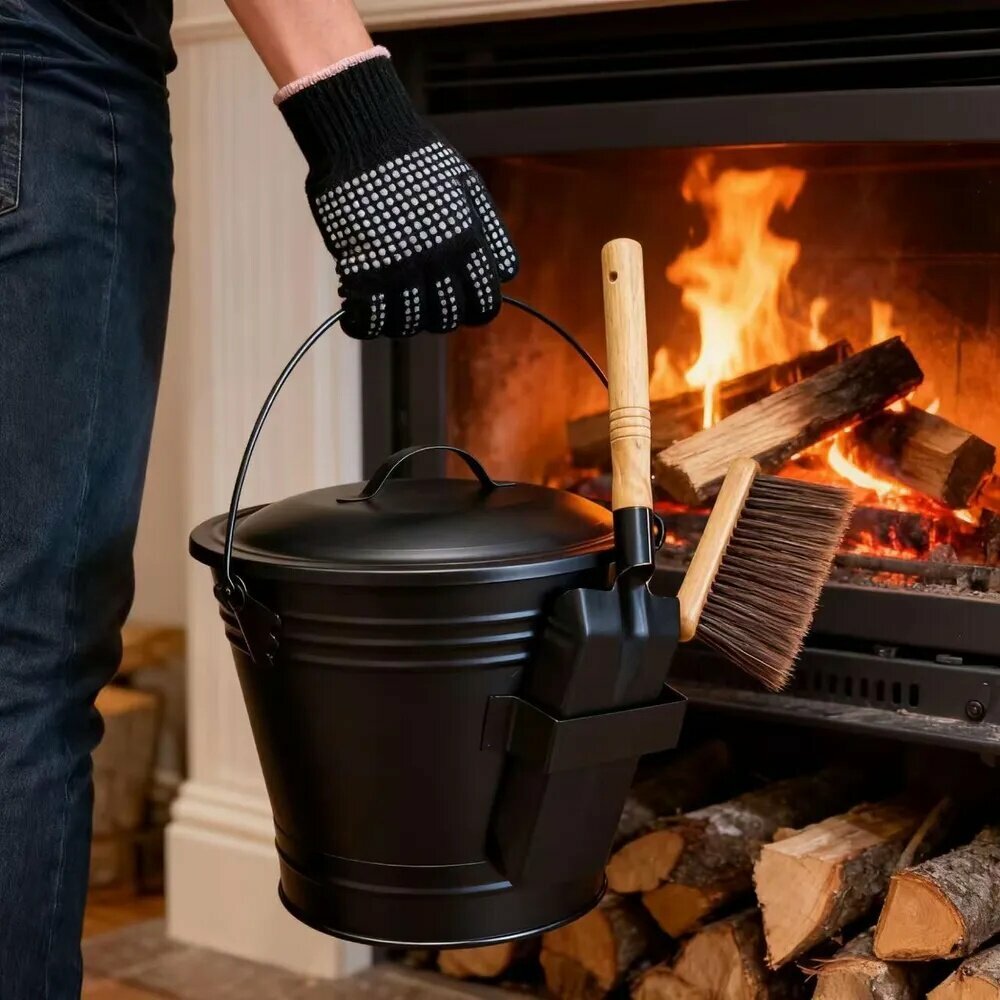 Ведро для золы с крышкой и деревянной ручкой металлическое зольное ведро для камина, печи и гриля