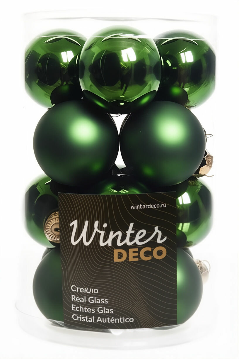 Стеклянные шары делюкс мини матовые и глянцевые, цвет: зеленый, 35 мм, упаковка 16 шт, Winter Deco 010363