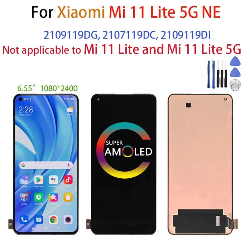 Оригинальный AMOLED-дисплей для Xiaomi 11 Lite 5G NE, сенсорный экран, дигитайзер Black With Frame