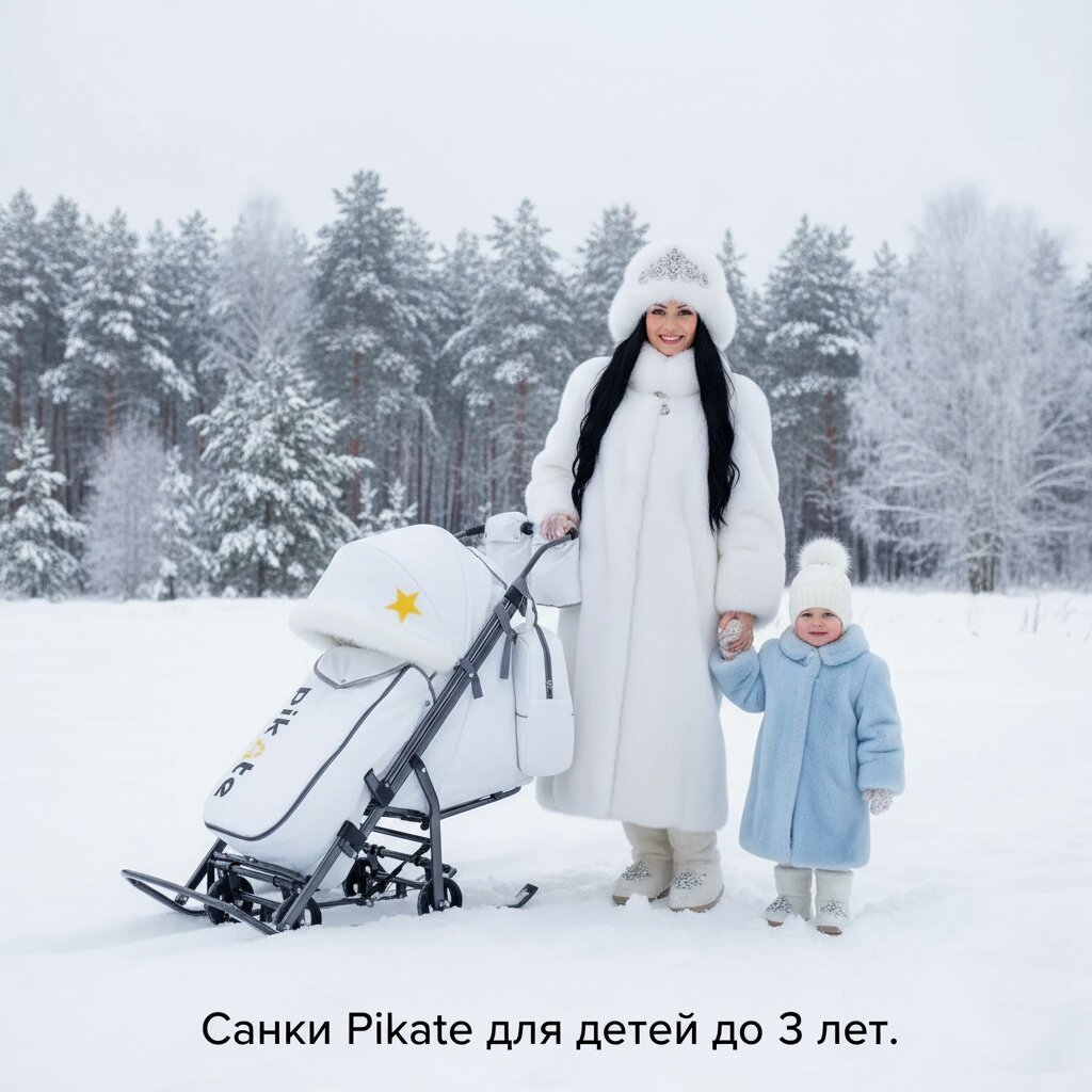 Санки-коляска, детские, зимние на колесах Pikate "Premier" с бампером и конвертом.