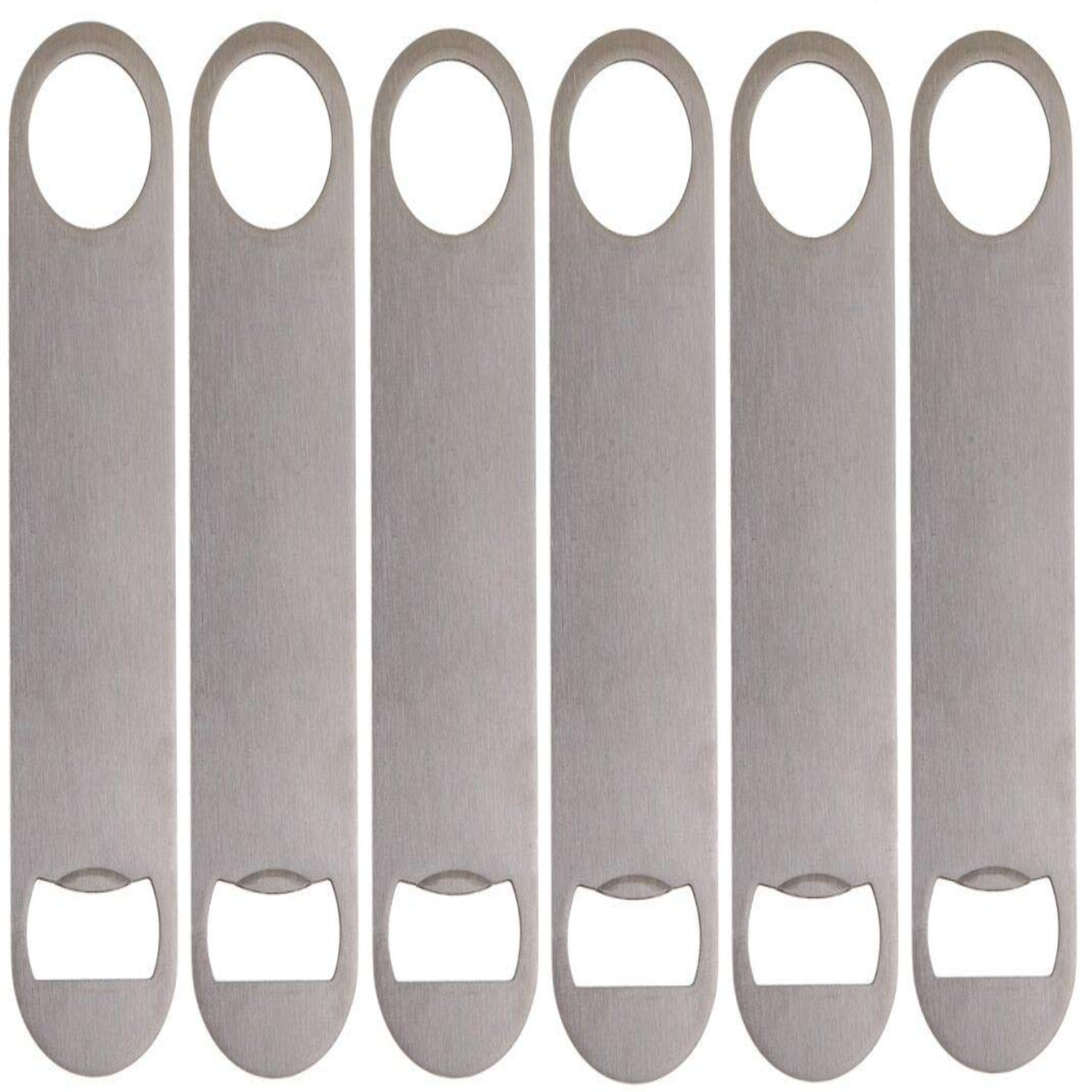 Abridor de botellas plano de acero inoxidable color plata, 17.8 cm x 3.8 cm, paquete de 6 unidades, para cocina, bar o restaurante, abridor de botellas de cerveza, sin magnetismo, con agujero para colgar