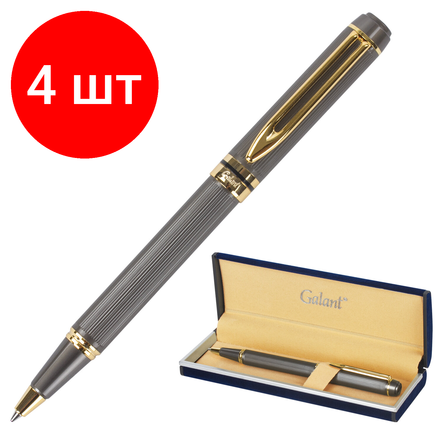 Комплект 4 шт, Ручка подарочная шариковая GALANT "Dark Chrome", корпус матовый хром, золотистые детали, пишущий узел 0.7 мм, синяя, 140397