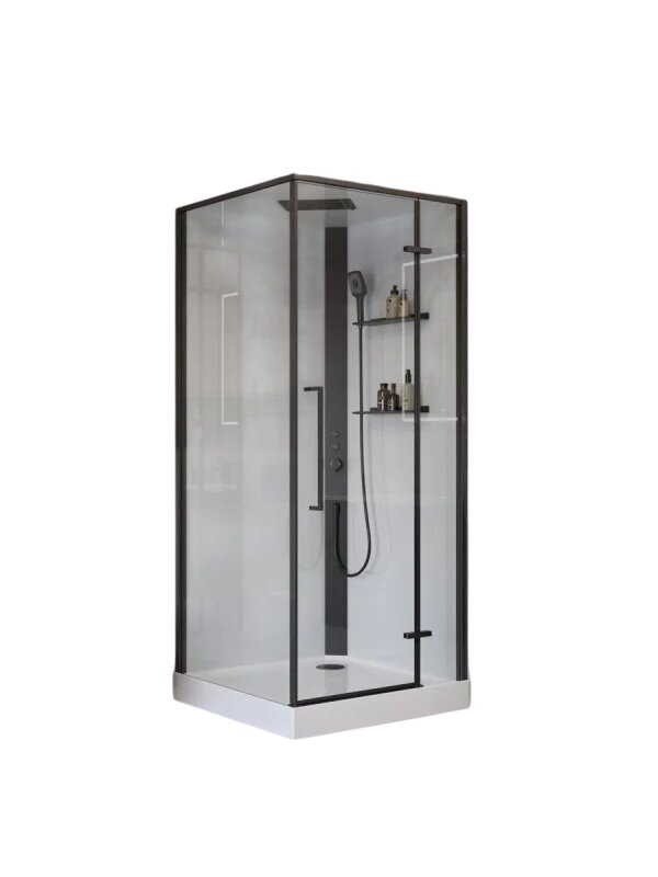 Душевая кабина BelBagno Uno UNO-CAB-A-1-90-C-NERO-Bi-TOP-R низкий поддон, стеклянная, 90x90, квадратная, с распашной дверью, закрытая (с крышей), без гидромассажа, с функцией тропический душ