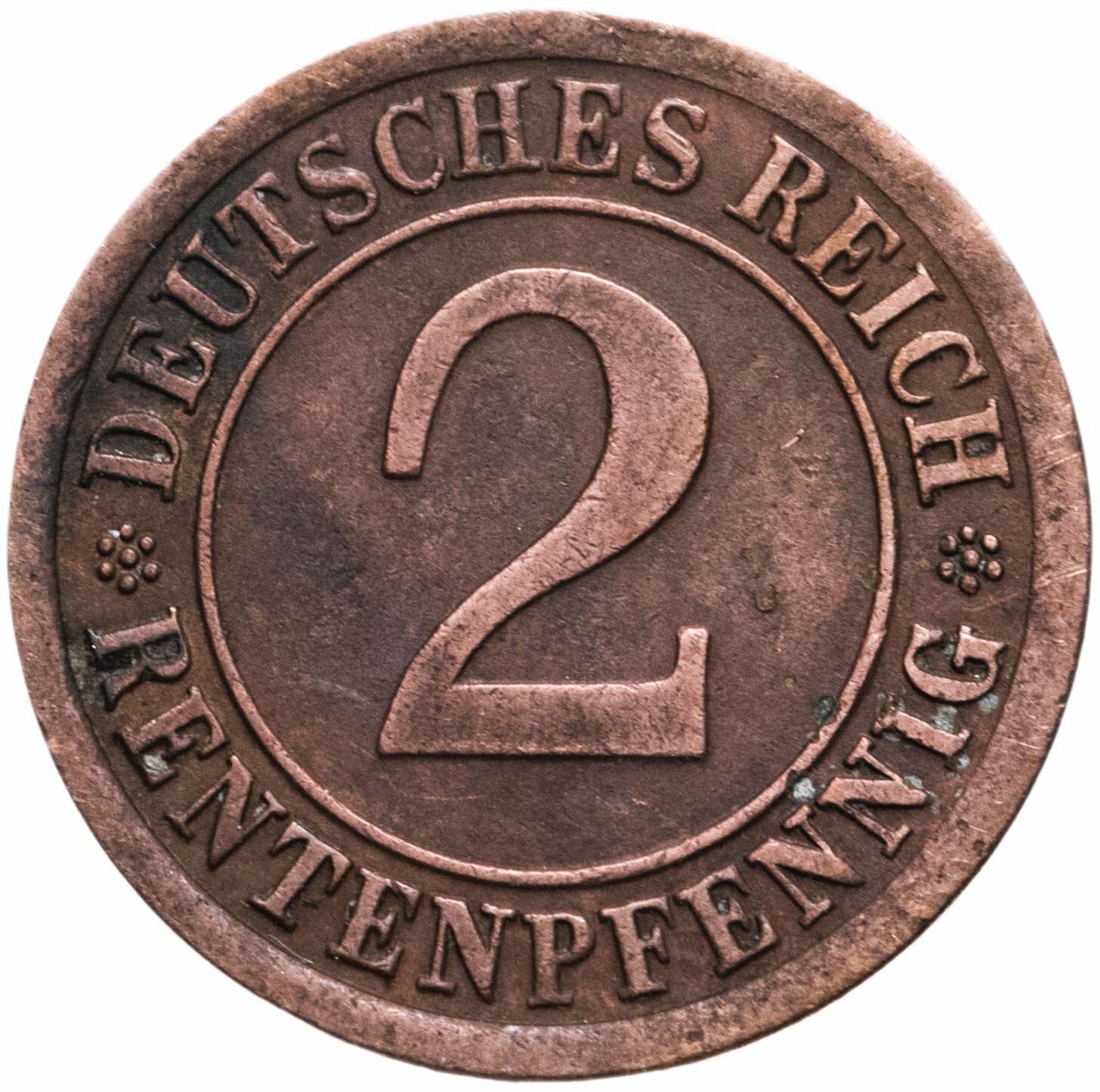 Германия, Веймарская республика 2 рейхспфеннига reichspfennig 1924, знак монетного двора "J" — Гамбург, Бронза, в сохранности VF