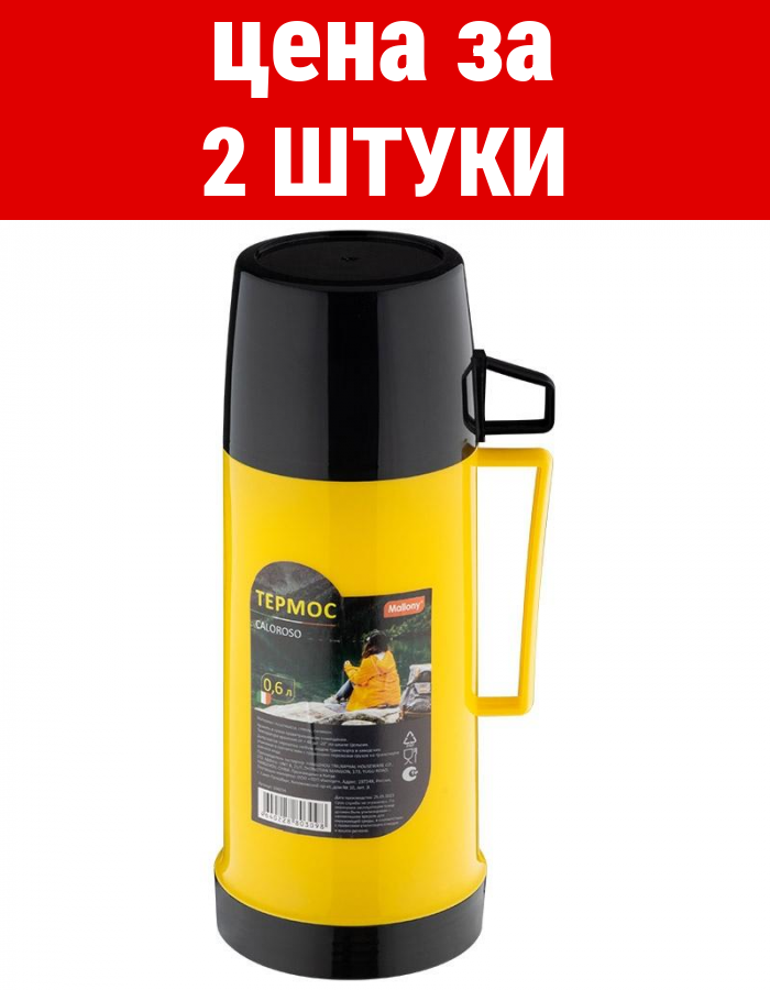 Комплект 2 шт, термос пластик стекл колба узкое горло 0.6Л CALOROSO MALLONY