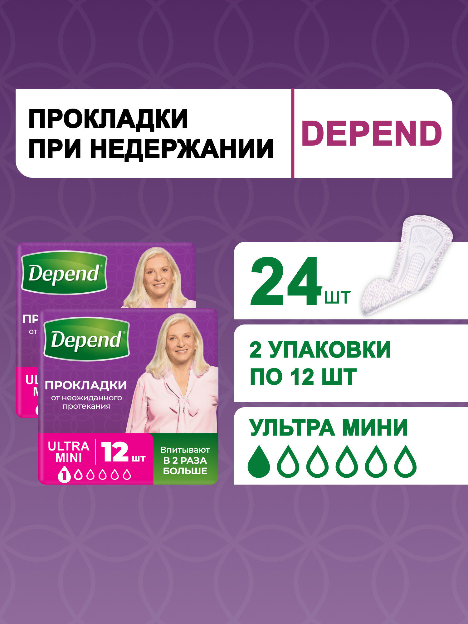 Прокладки урологические женские Depend Ультра Мини при недержании, 24 шт