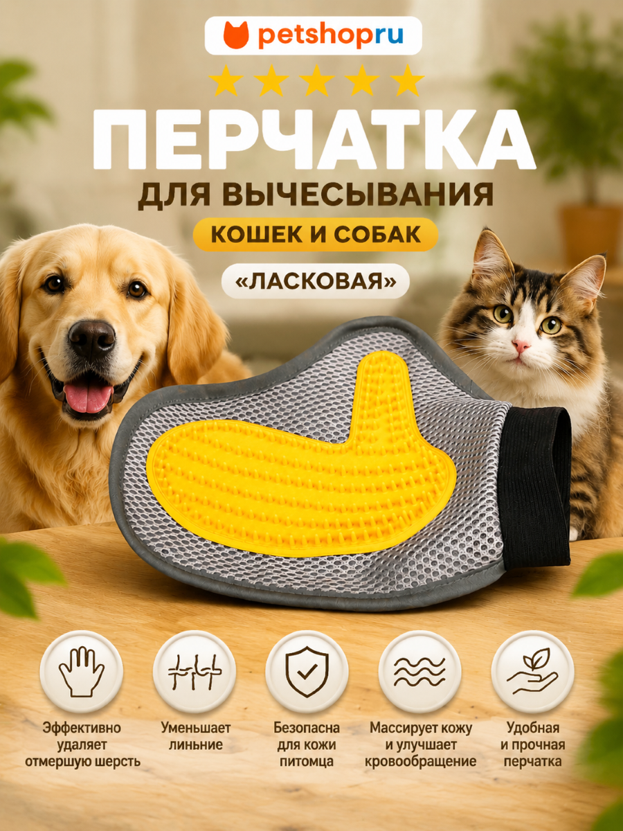 PETSHOP Перчатка для вычесывания кошек и собак "Ласковая"