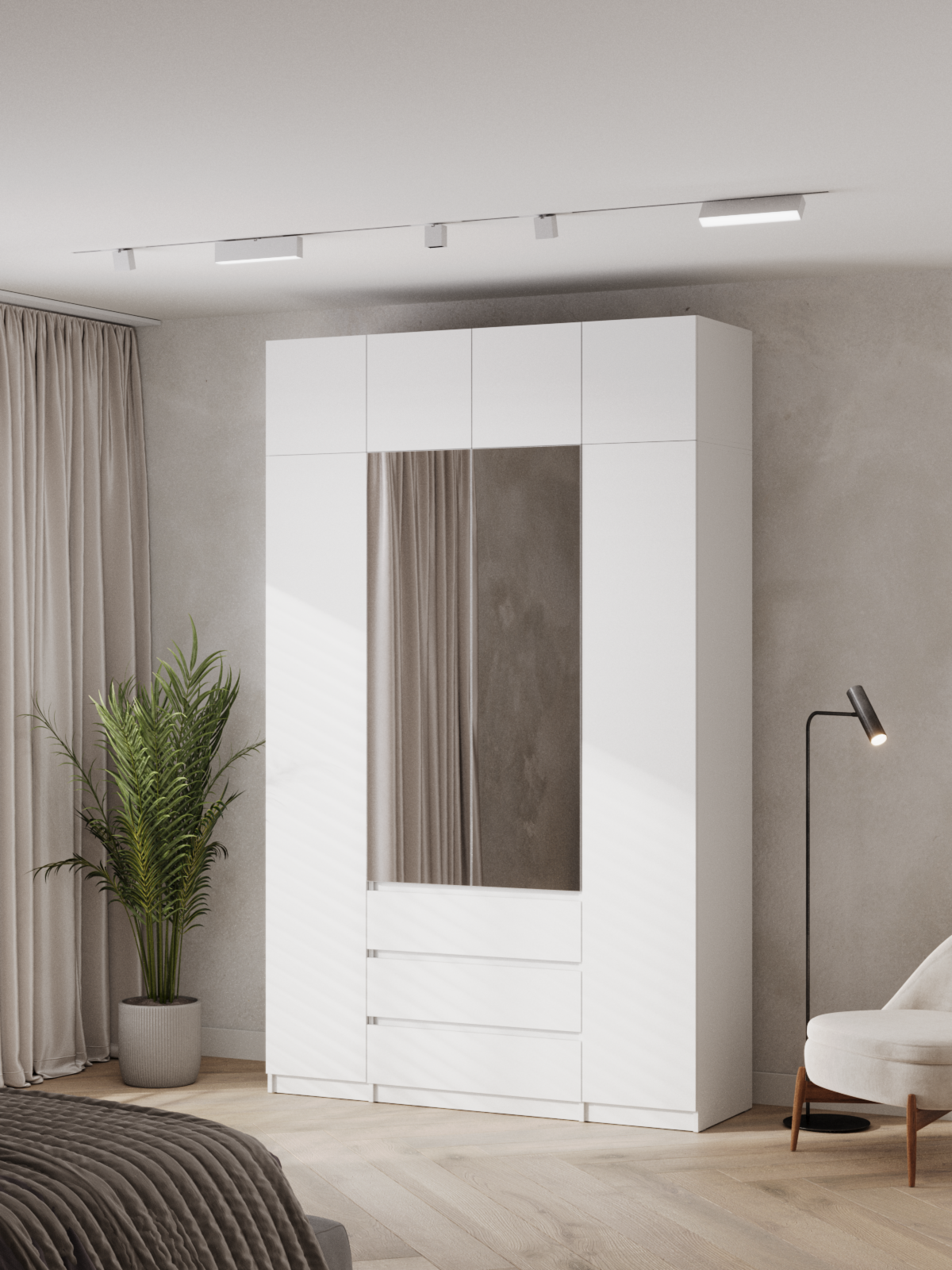 Шкаф для одежды Нонтон Грандис, 160x50x260 см, с антресолью, с зеркалом, 3 ящика и 9 полок, белый