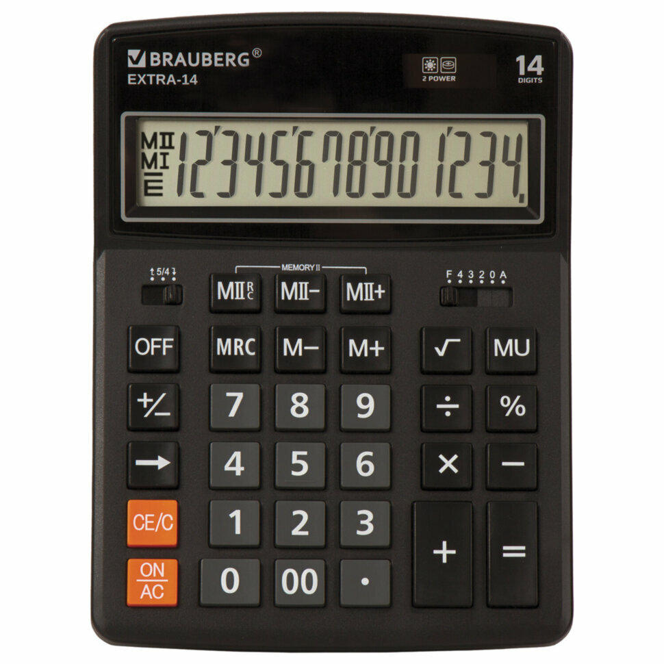 Калькулятор настольный BRAUBERG EXTRA-14-BK (206x155 мм), 14 разрядов, двойное питание, черный, 250474, 250474