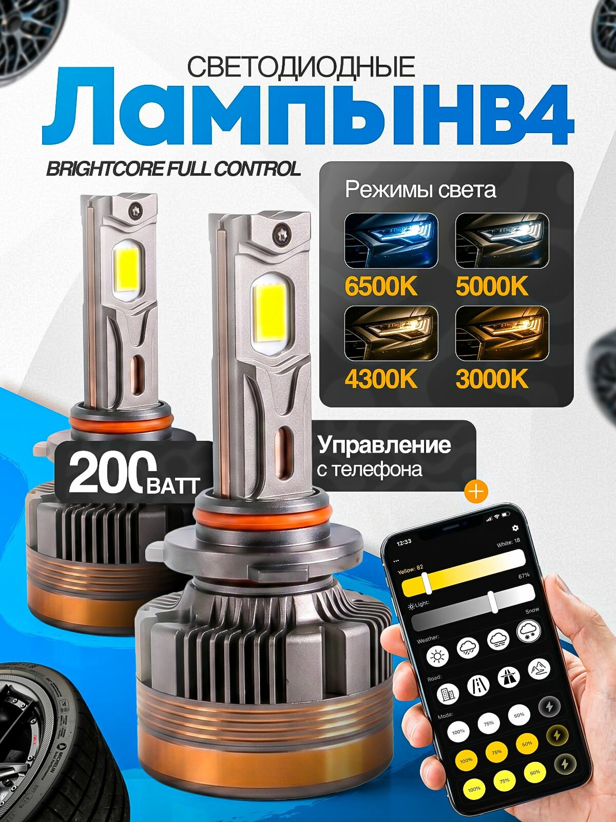 Мощные Лед лампы HB4 светодиодные 110-200 Ватт / Led HB4 с bluetooth и регулировкой свечения