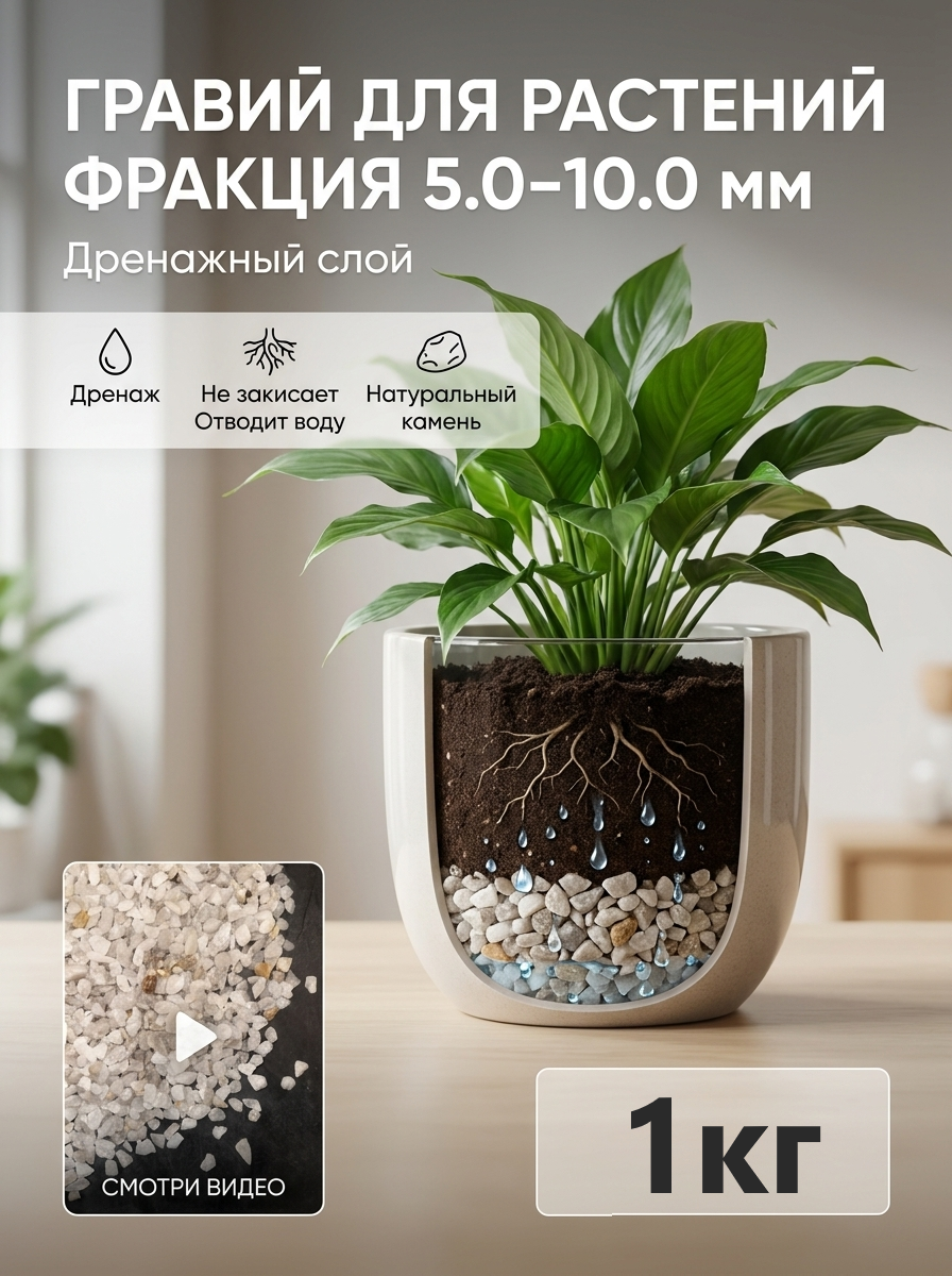 Дренаж для растений 5-10 мм, кварцевый гравий, добавка в грунт, улучшает дренаж и воздухообмен, 1 кг