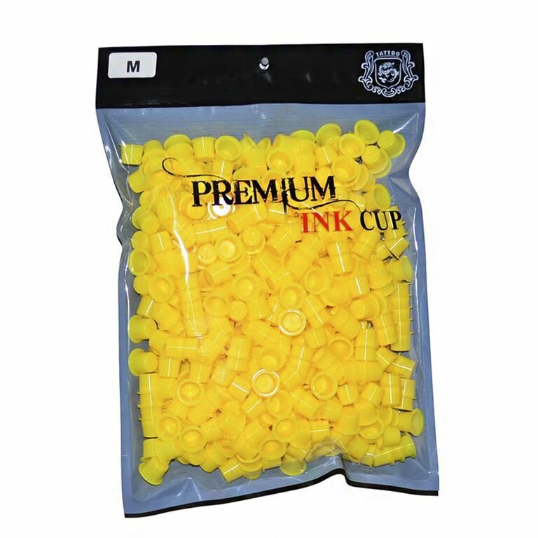 Тату колпачки под краску, eмкости для пигментов, капсы для татуажа Premium ink cup Yellow 12мм, 500 шт
