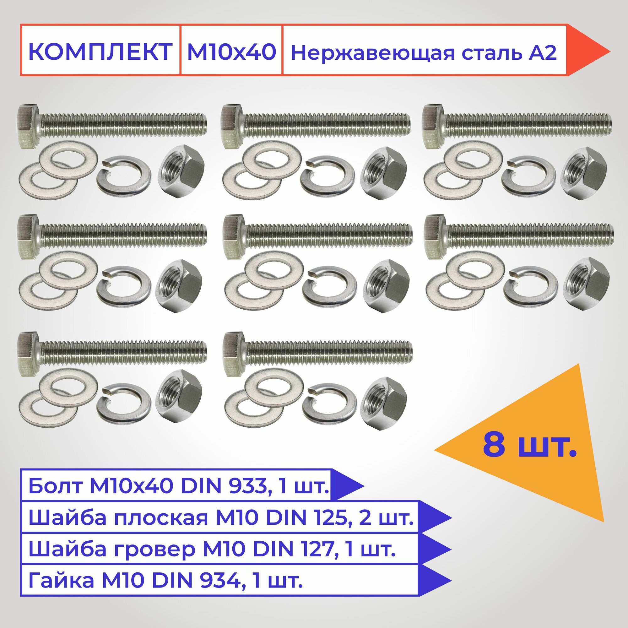 Болт М10х40мм с шестигранной головкой в наборе с гайкой, гровером и шайбой, нержавеющая сталь А2, 8 шт.