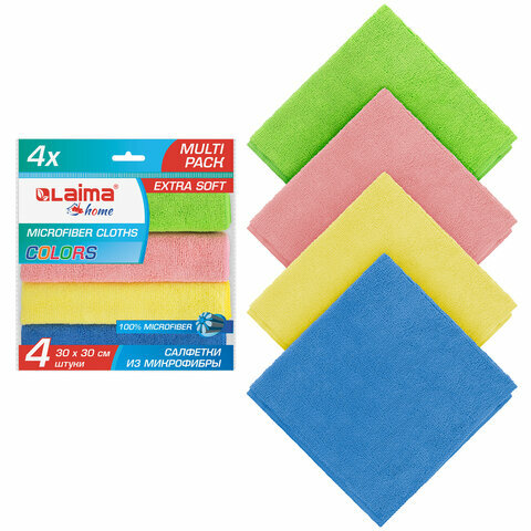 Салфетка из микрофибры универсальная 30х30 см, комплект 4 шт, MULTI PRO COLOUR, 280 г/м2, LAIMA, 607792