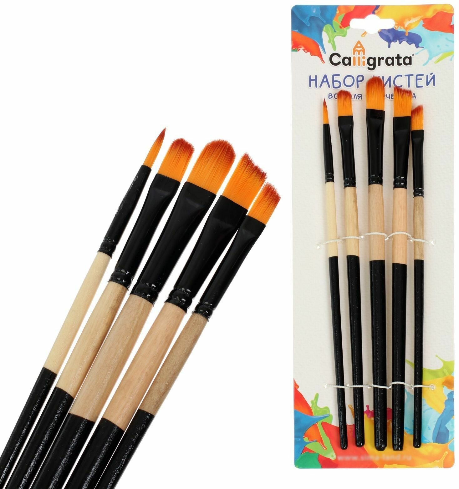 Набор кистей нейлон для рисования красками, кисточки из синтетического ворса с деревянными ручками, канцелярия для школы, творчества, 5 штук: 1 круглая, 4 плоские