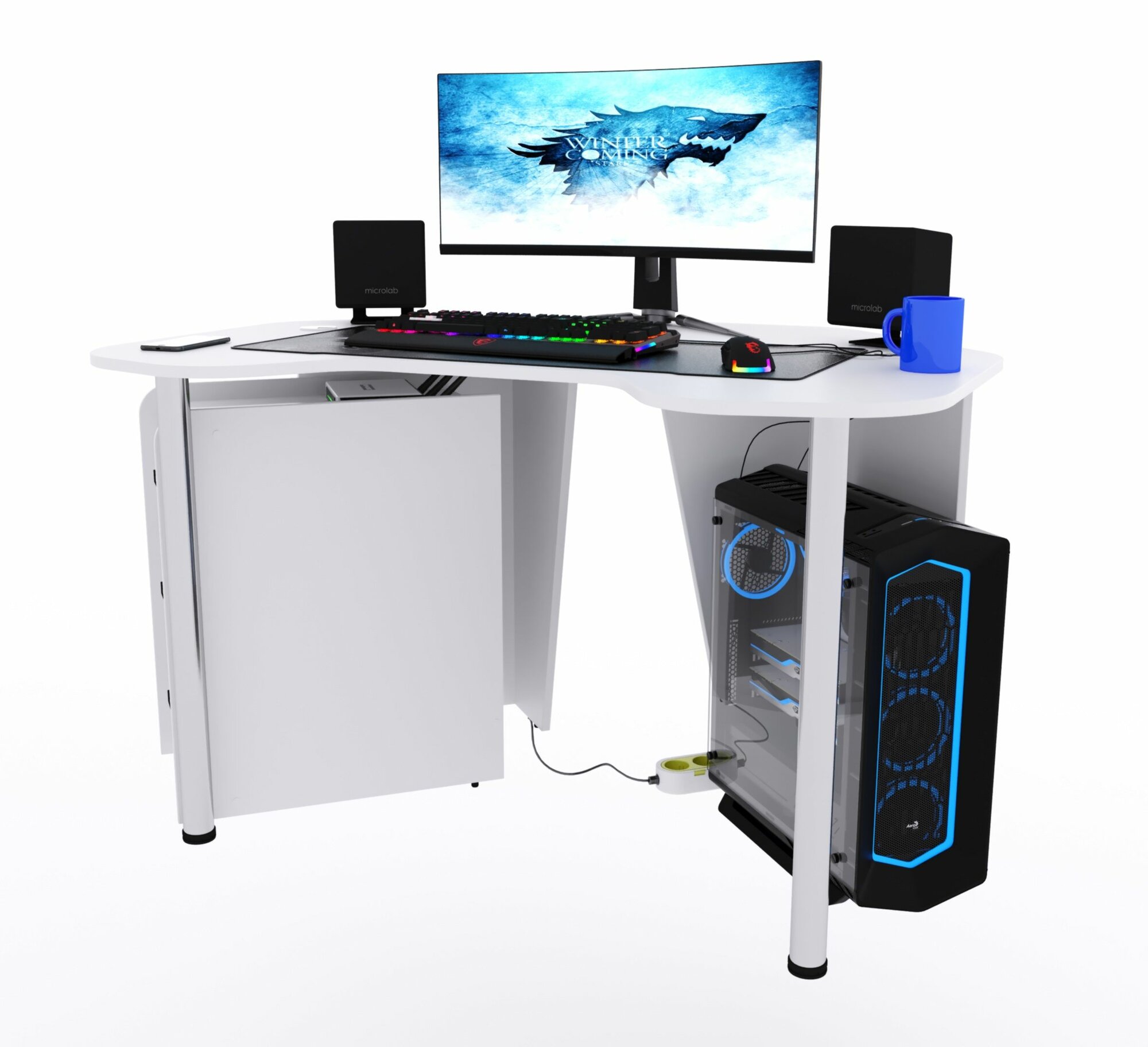 Угловой компьютерный стол "Угол" с тумбой, 140x87x75 см, полностью белый