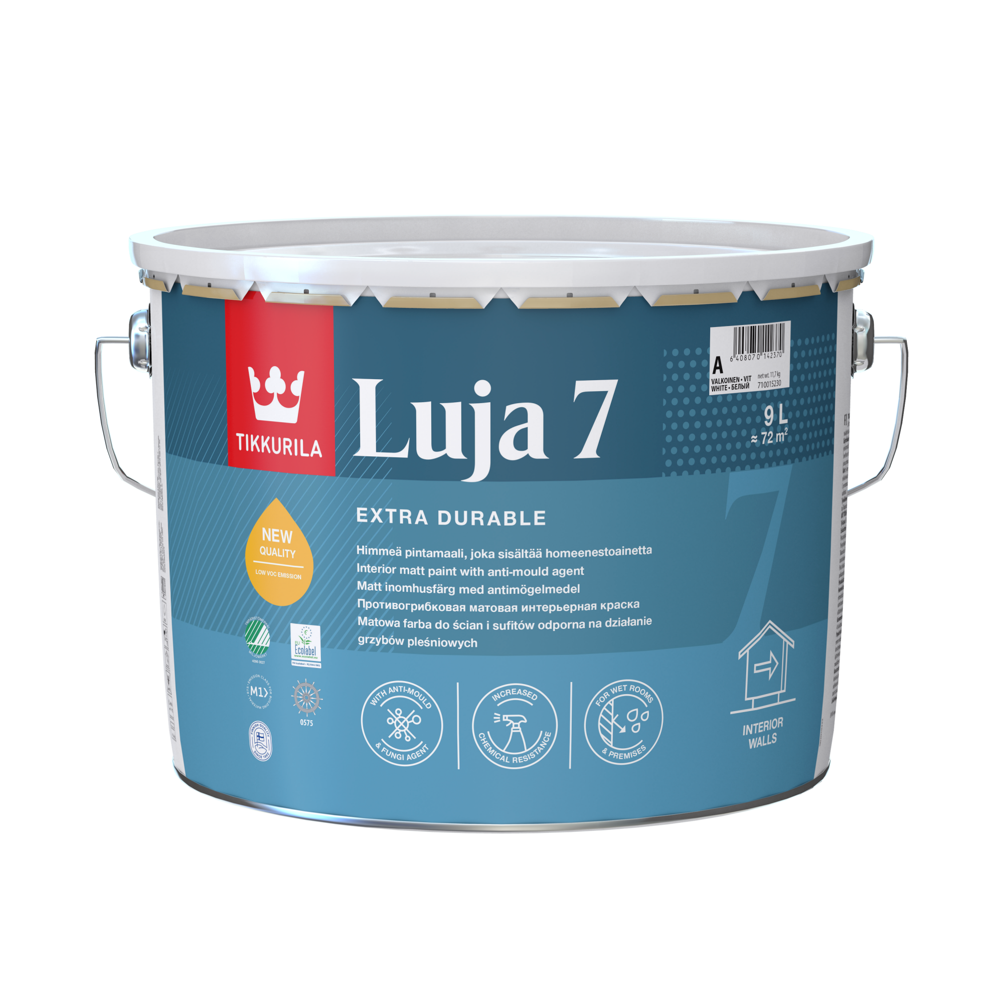 Краска TIKKURILA LUJA EXTRA 7 для влажных помещений антигрибковая, акриловая, матовая 9л База C