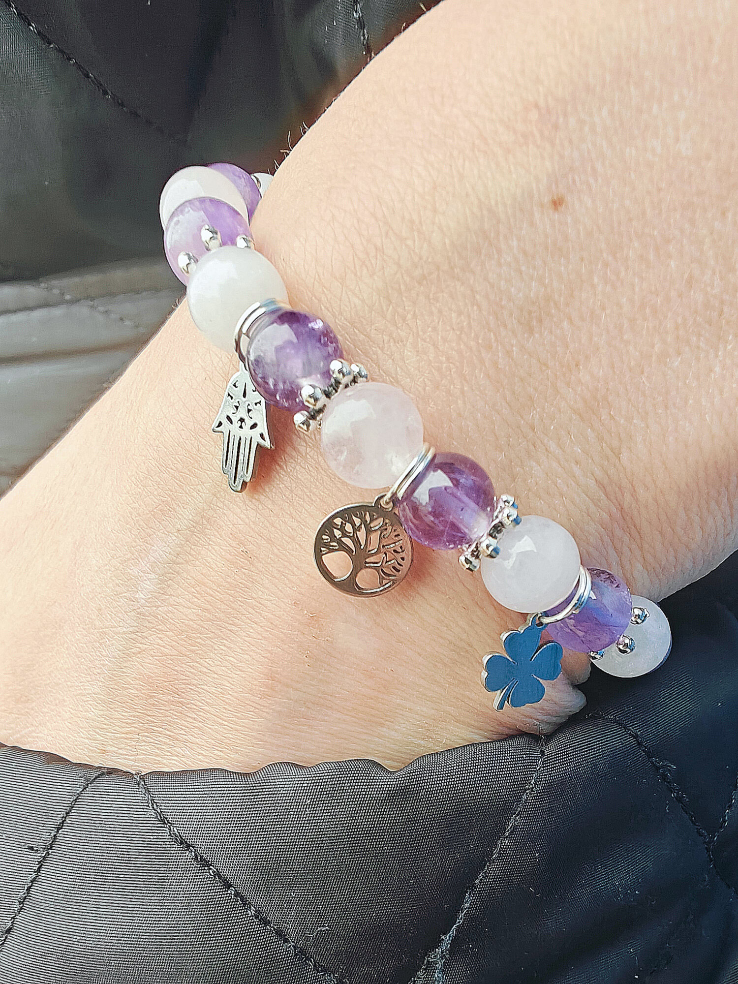 Теннисный браслет, аметист, кварц розовый