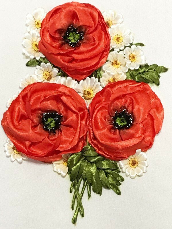 Набор для вышивания Каролинка #КЛ(Н)-4018 Маки и ромашки, Вышивка лентами, 19 х 24.5 см