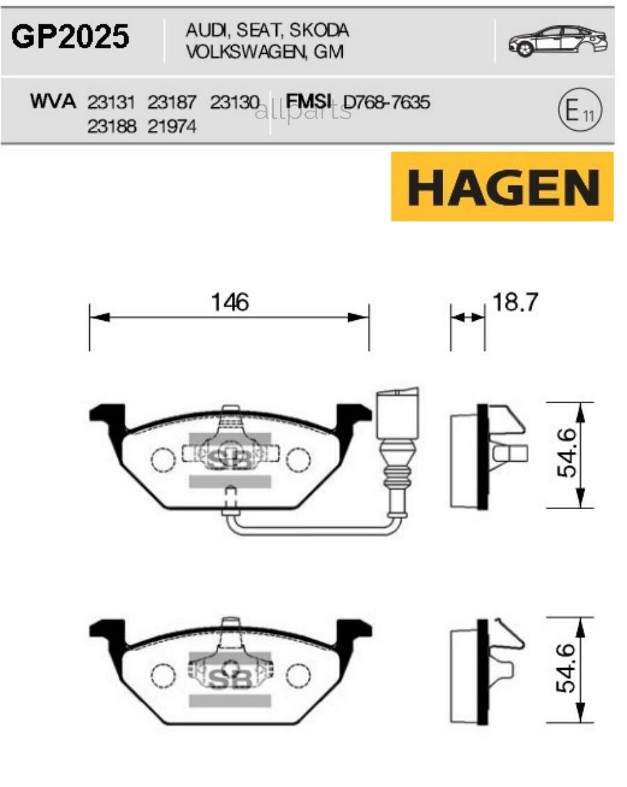 SANGSIN BRAKE GP2025 колодки дисковые передние! HAGEN\ Audi A2 1.4i/1.6FSi/1.4TDi 00>, Skoda Fabia 1.4i/1.9TDi 00>