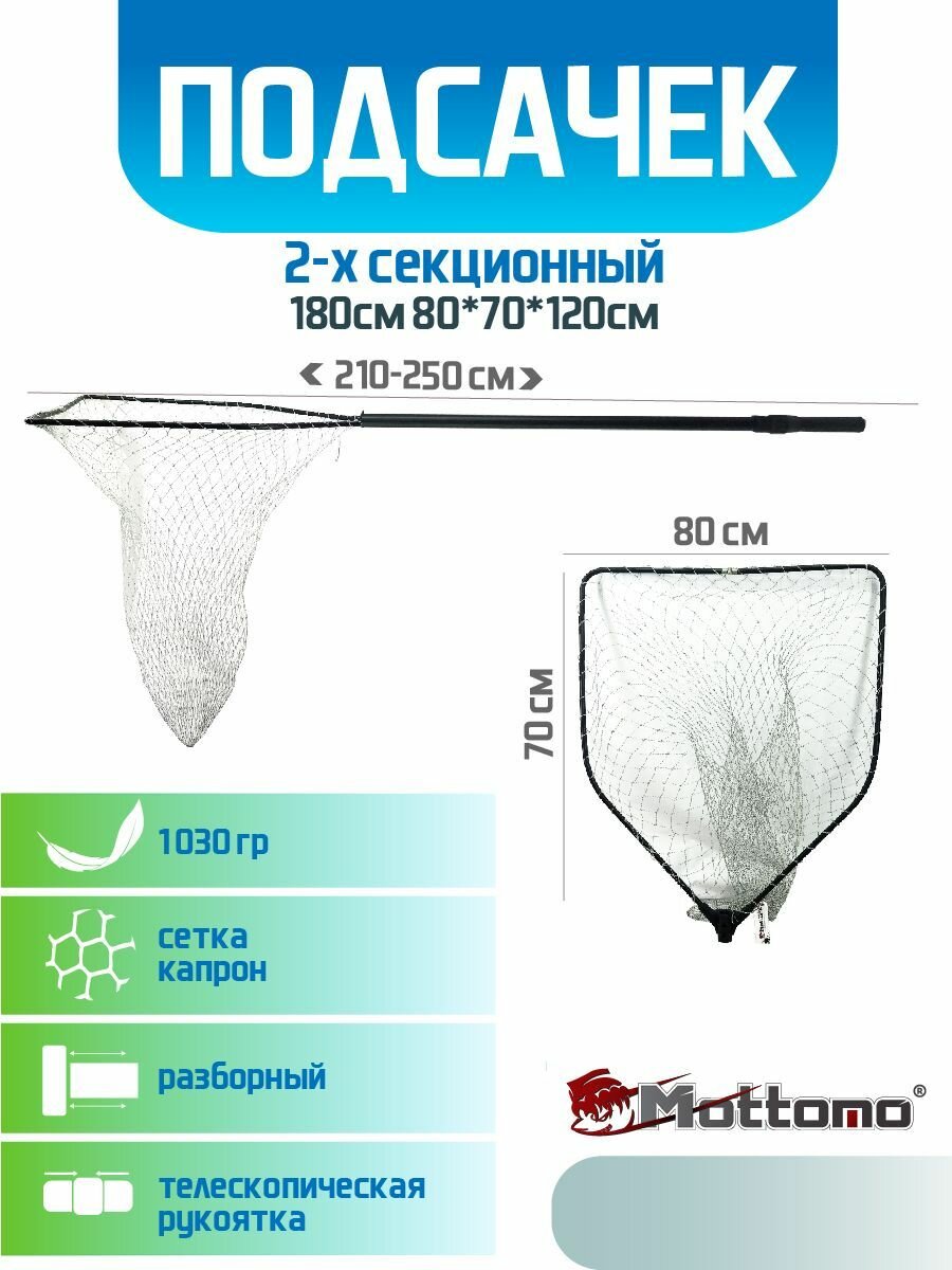 Подсак для рыбалки Mottomo 2-х секционный 180см 80*70*120см капрон (с чехлом) для щуки, судака, лодки