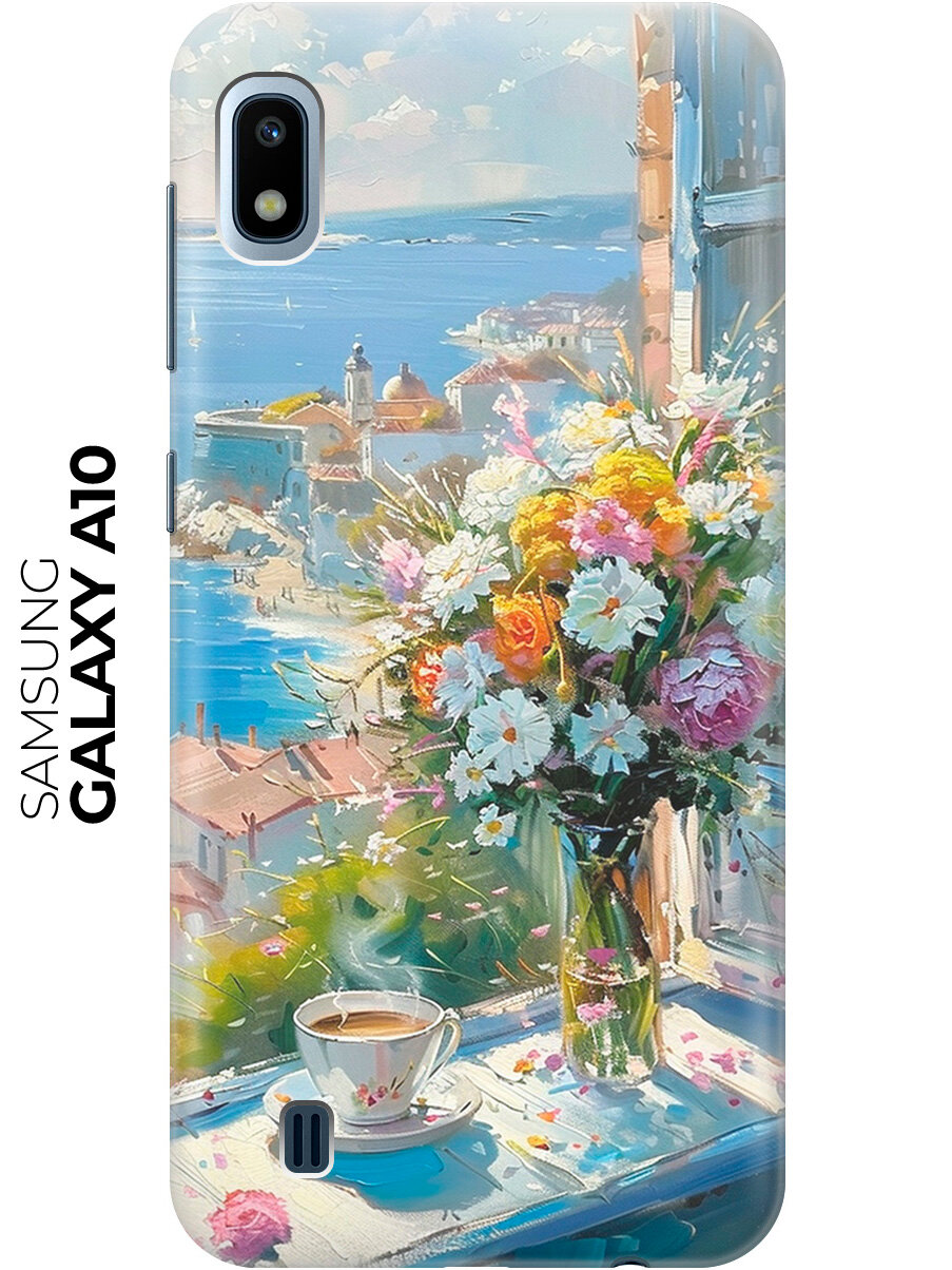 Силиконовый чехол на Samsung Galaxy A10 с принтом "Букет цветов и кофе"