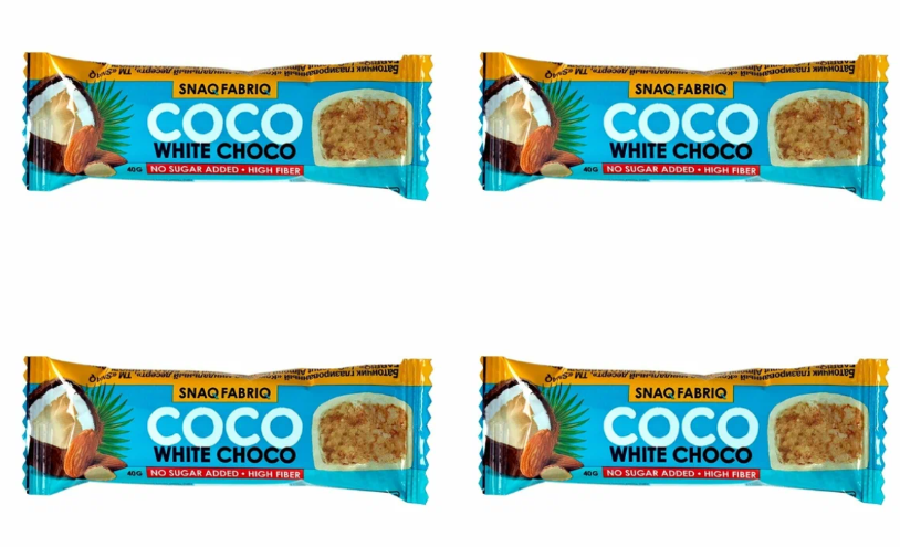 Батончик Snaq Fabriq COCO WHITE CHOCO, глазированный с начинкой кокосово-миндальный десерт, с высоким содержанием клетчатки, 40 гр, 4 шт