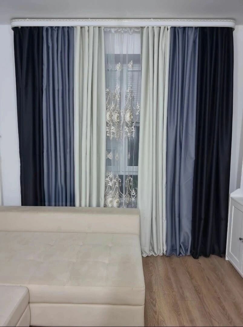 Шторы "Блэкаут", 300x275, сине-серые, тройные, светонепроницаемые