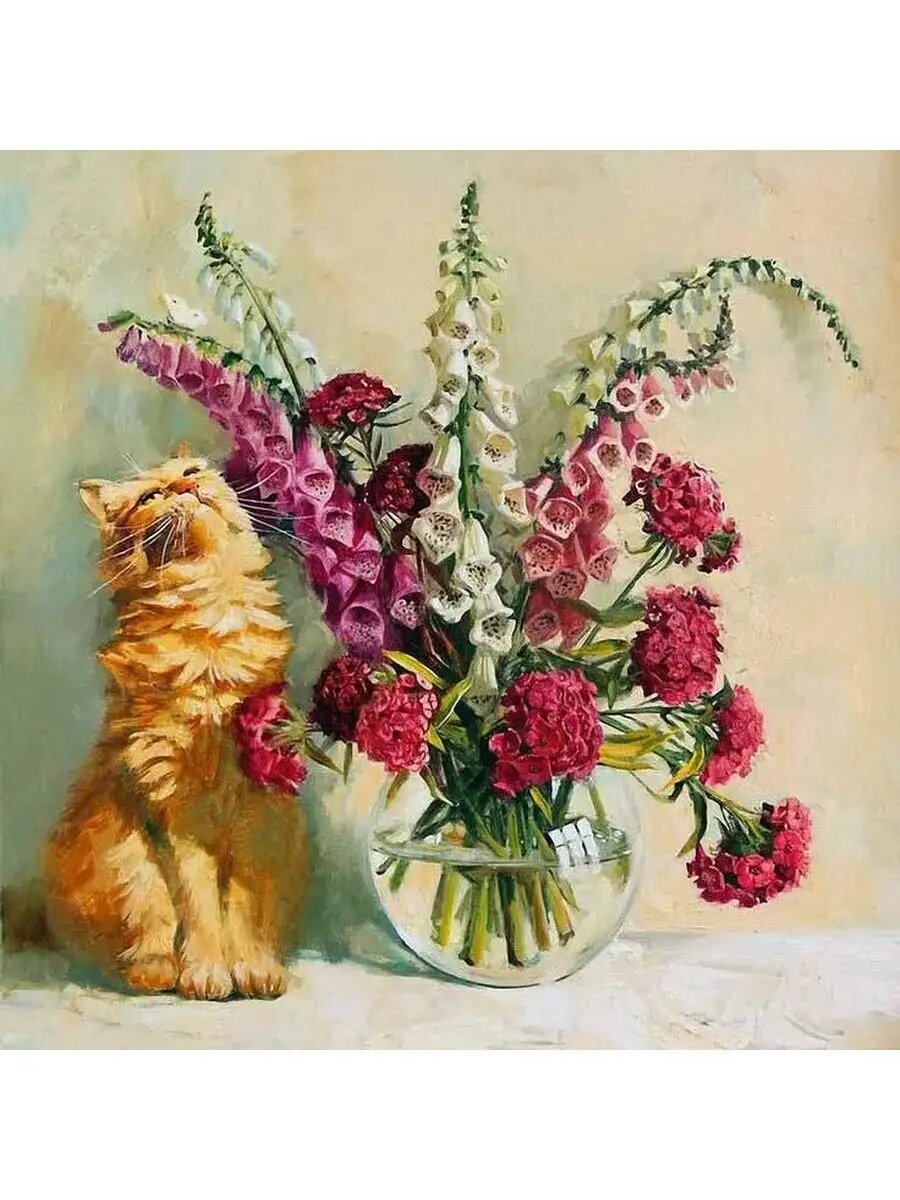 Алмазная мозаика "Рыжий кот возле вазы"