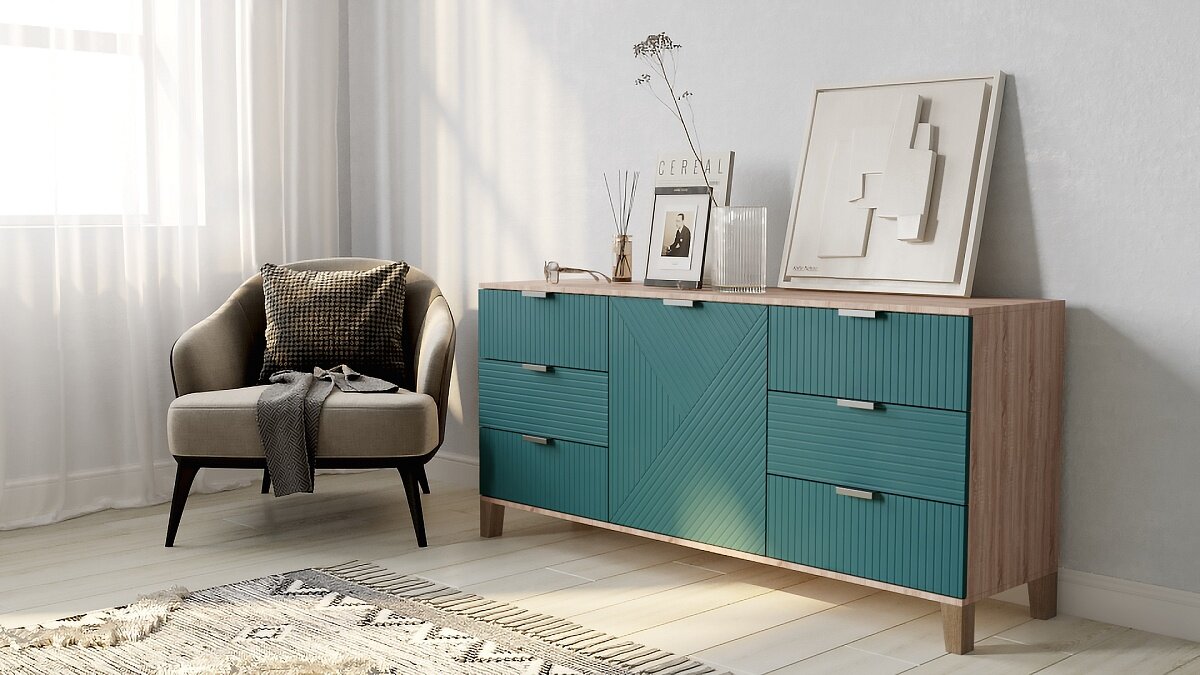 Комод МебельЛэнд24 Марвин Йорк - 33 Аквамарин 150x40x70 синий однодверный с 6 ящиками