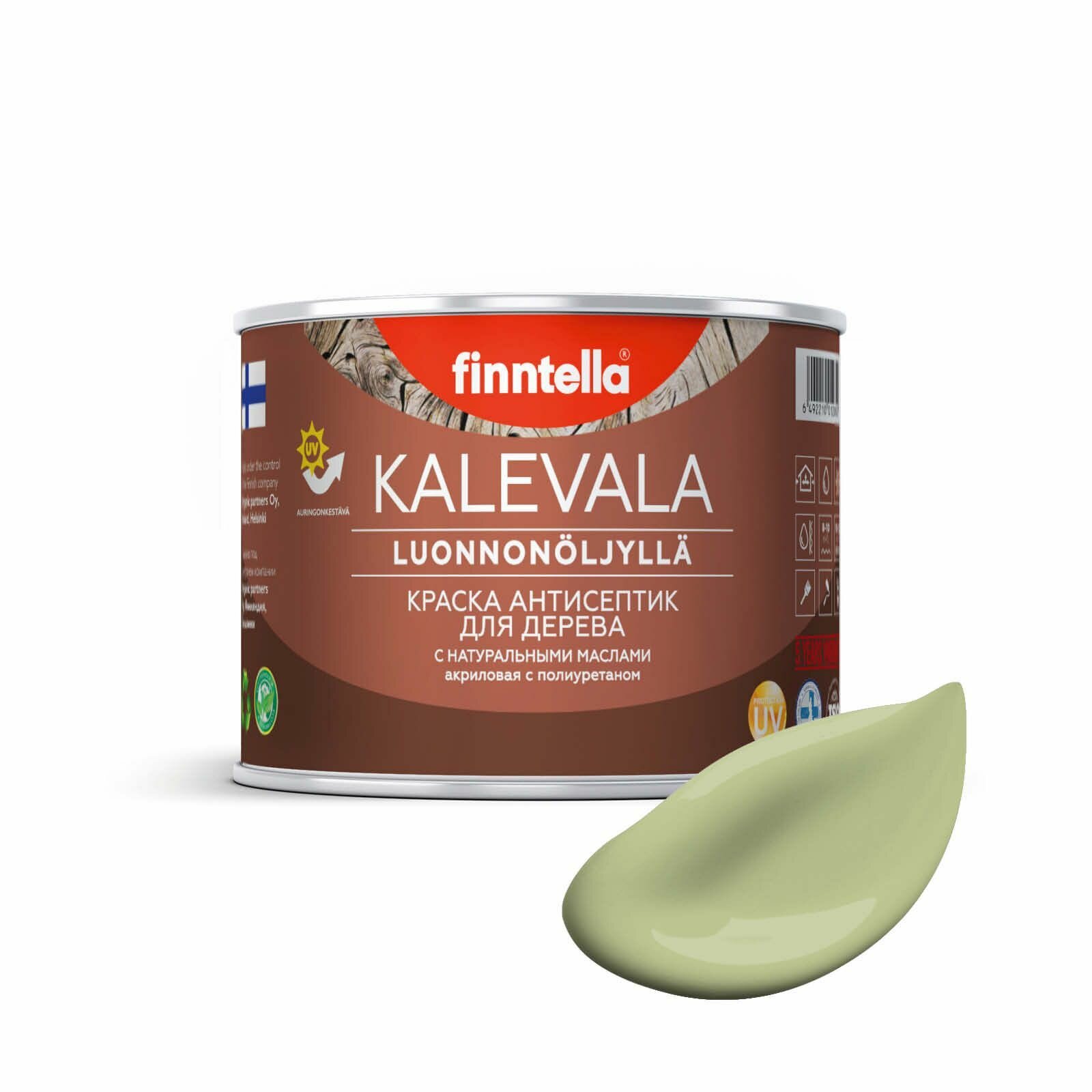 Краска для дерева и деревянных фасадов FINNTELLA KALEVALA, с натуральным маслом и полиуретаном, цвет VIHREA TEE (пастельно-зеленый) , 0,45л